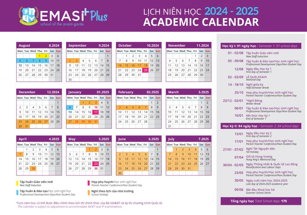 Lịch Năm Học - Trường Nội Trú Quốc Tế Song Ngữ EMASI Plus